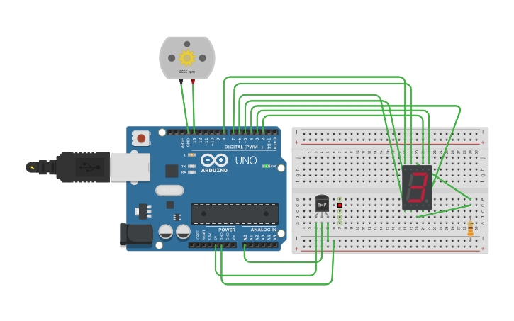 Circuit design 7 Segment display with temperature sensor - Tinkercad