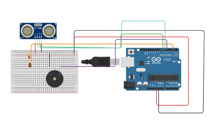 Circuit design Turning on a led with an ultrasonic sensor - Tinkercad