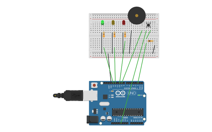 Circuit design semaforo con buzzer y pulsador - Tinkercad