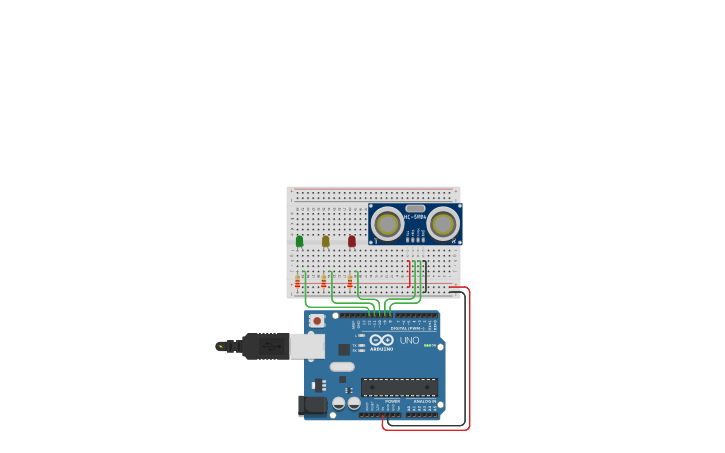 Circuit design Copy of ULTRASONIC SENSOR WITH 3 LED - Tinkercad