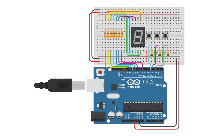 Circuit design display de sete segmentos - Tinkercad