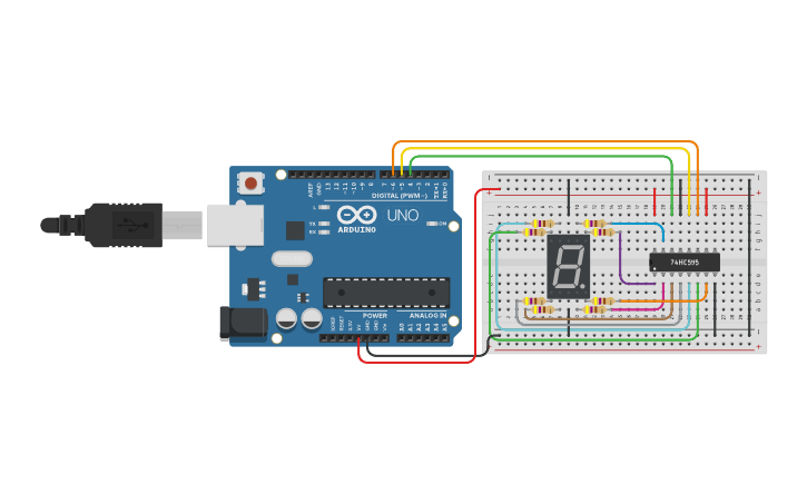 Circuit design 7 segment display with Shift register - Tinkercad