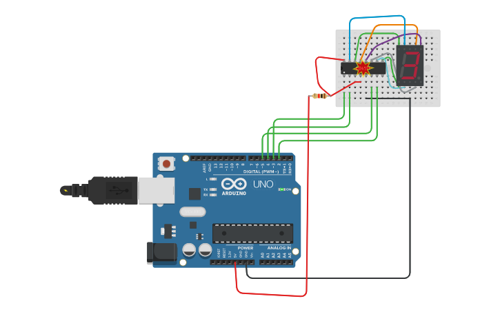 Circuit design BCD to 7 pieces display with Arduino - Tinkercad
