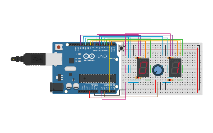Circuit design 7 Segment dan ADC - Tinkercad