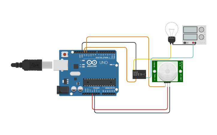 Circuit design interfacing light bulb with pir sensor - Tinkercad