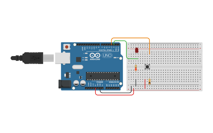 Circuit design Acender LED com um botão (Código em bloco) - Tinkercad Circuit design Acender LED com um botão (Código em bloco) - Tinkercad