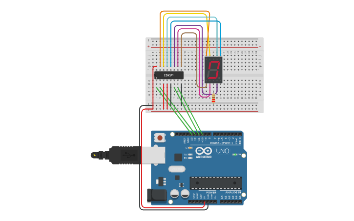 Circuit design Display 7 segmenti - integrato 7447 - Tinkercad