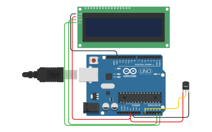 Circuit design Arduino I2C LCD With Temp Sensor TMP36 - Tinkercad
