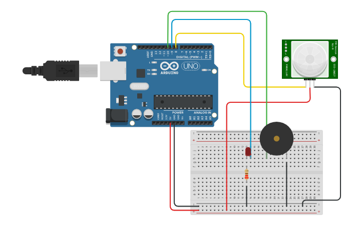 Circuit design PIR Sensor with Burglar Alarm using Arduino - Tinkercad