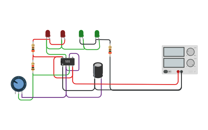 Circuit design Piscando LEDs controlados com CI 555 - Tinkercad