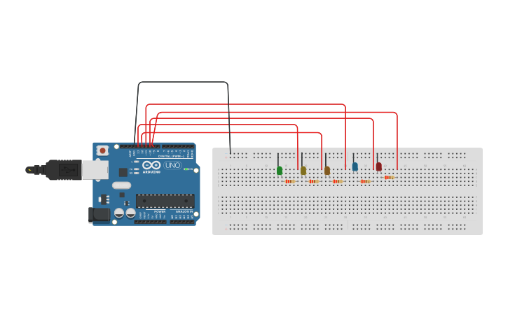 Circuit design 5 LED blinking using Arduino UNO - Tinkercad