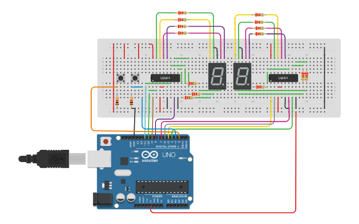Circuit design Contador dos digitos usando Arduino y display 7 ...