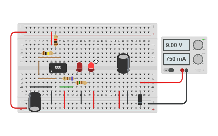 Circuit design NE555 +2xLED - Tinkercad