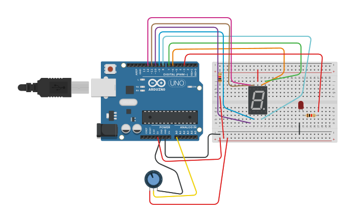 Circuit design 7 segment display Intensity (common Anode) - Tinkercad