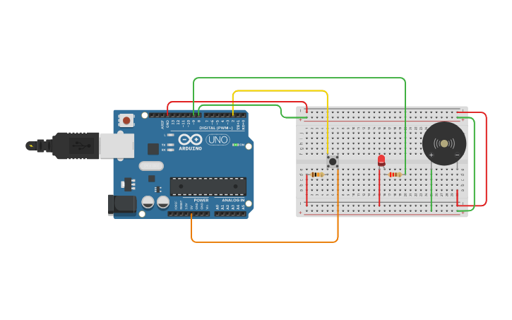 Circuit design Interface Button,Buzzer and LED with Arduino - Tinkercad