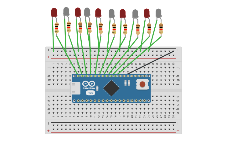 Circuit design running 10 leds - Tinkercad