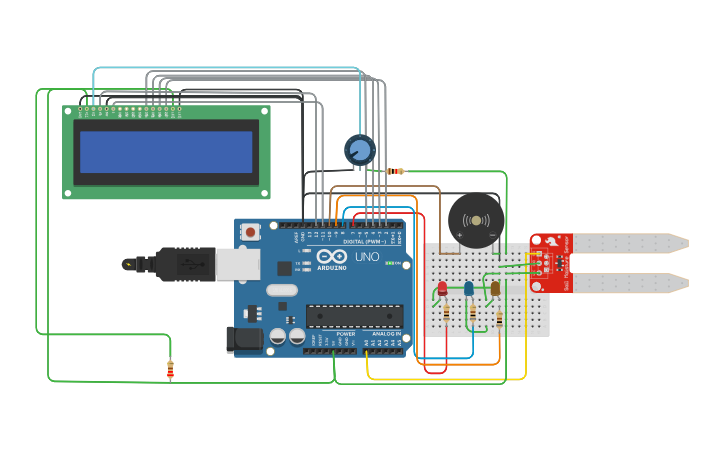 Circuit design Sensor de Humedad del Suelo con una placa Arduino Uno - Tinkercad