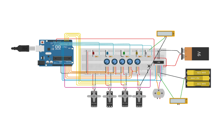 Circuit design Control 4 Servos and DC Motor Using Arduino - Tinkercad