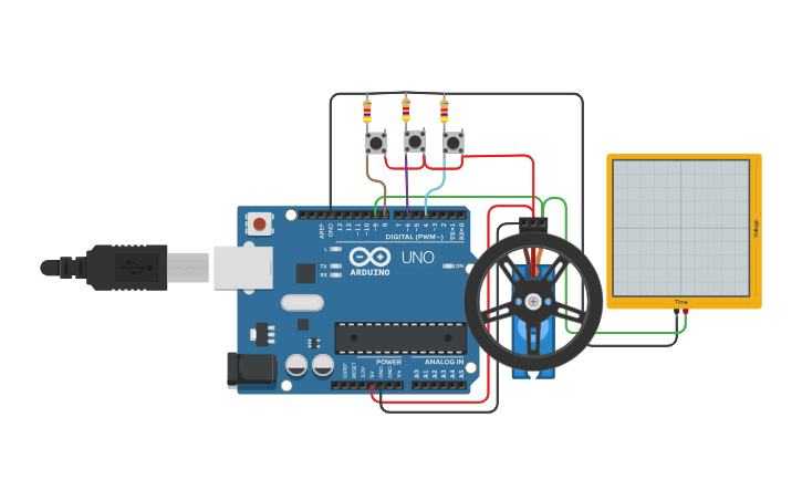 Circuit design Arduino drives Continuous Servo [block code] - Tinkercad