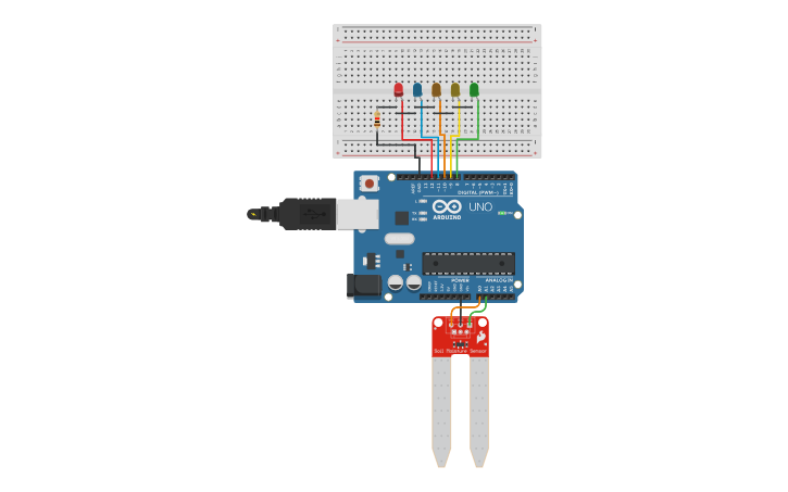 Circuit design soil moisture sensor with LEDs - Tinkercad