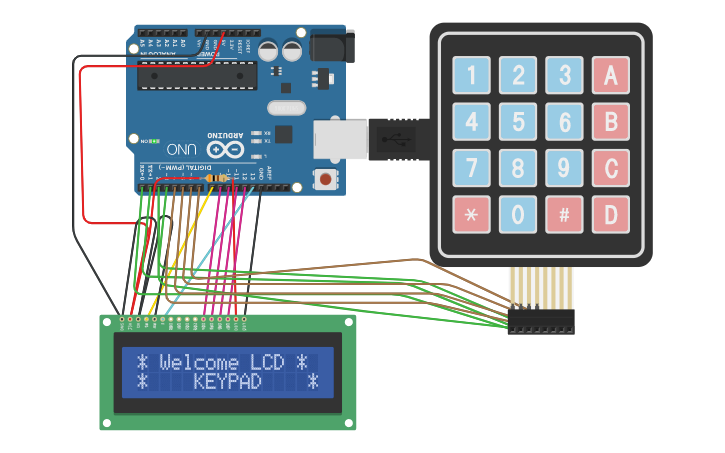 Circuit design LCD keypad interfacing - Tinkercad