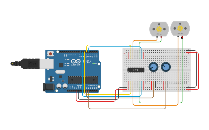 Circuit design Controlling 2 DC motors with 2 potentiometers - Tinkercad