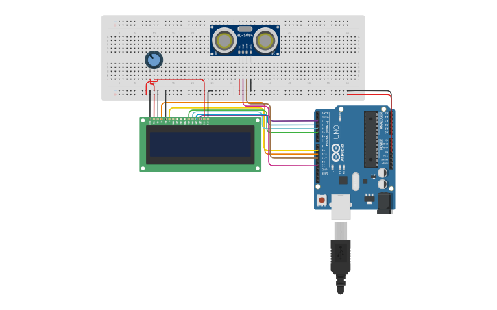 Circuit design Ultrasonic Distance Measurement and Displaying on LCD - Tinkercad