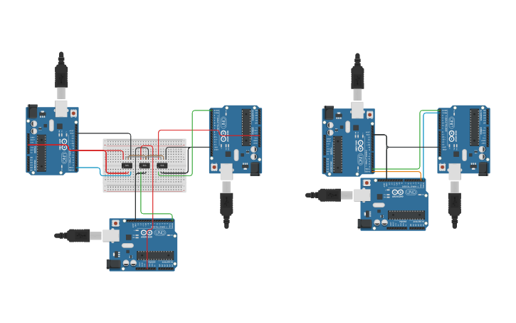 Circuit design Multiple Arduino comunication - Tinkercad