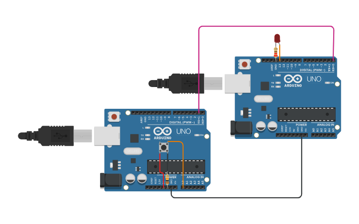 Circuit design Two Arduinos Talking with eachother - Tinkercad