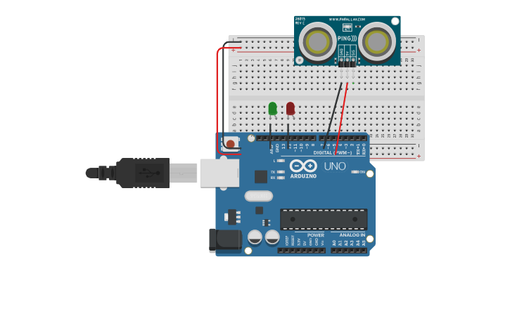 Circuit design Ultrasonic Sensor + LED - Tinkercad