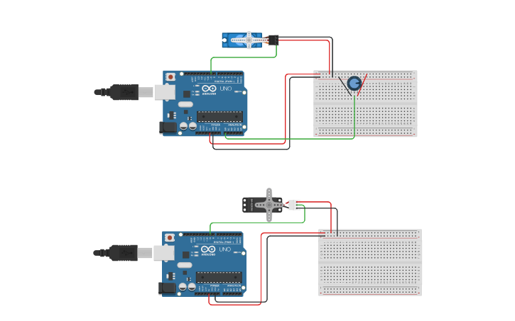 Circuit design Knob and Sweep servo motors - Tinkercad