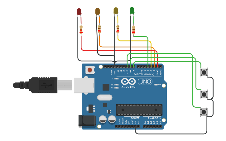 Circuit design LED dan PB - Tinkercad