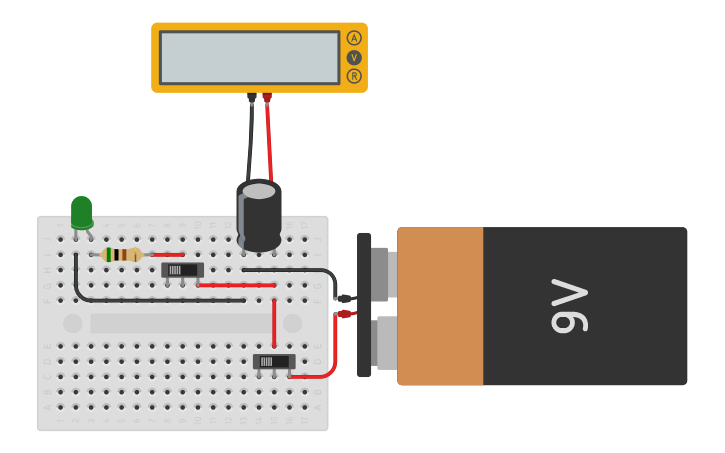 Circuit design Capacitor e LED - Tinkercad
