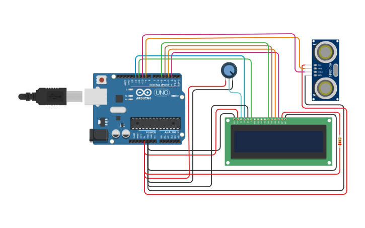 Circuit design Ultrasonic Sensor with Arduino and LCD - Tinkercad