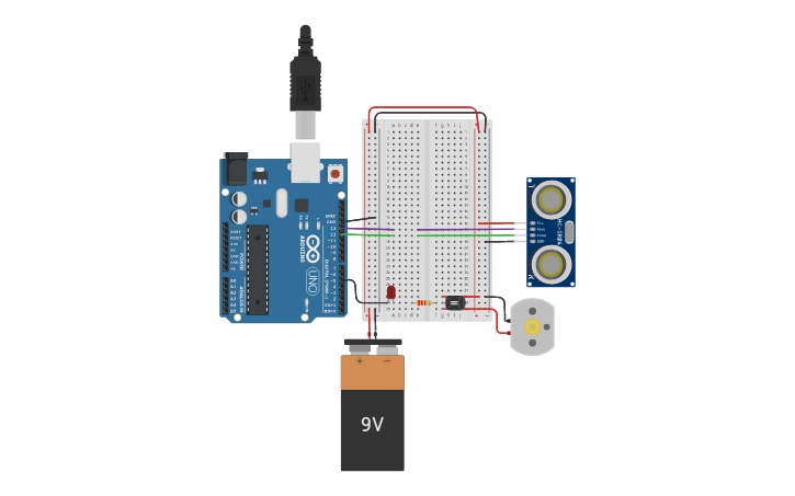 Circuit design sensor ultrasonico con motor - Tinkercad