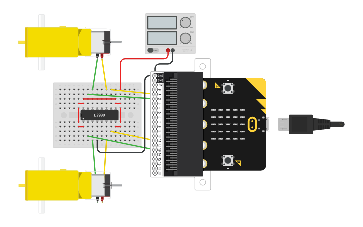 Circuit design Microbit drives TT motors via L293D - Tinkercad