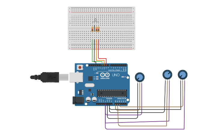 Circuit design 3. Control the brightness of a RGB LED with a potentiometer. - Tinkercad