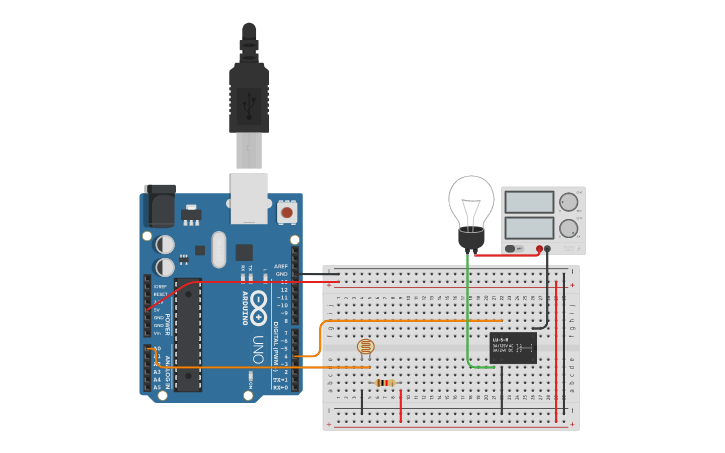 Circuit design Arduino Relay Activated Lamp - Tinkercad