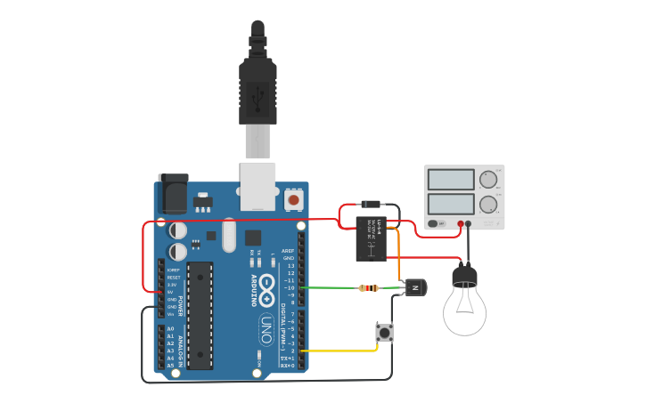 Circuit design Toggle relay ON / OFF with push button - Tinkercad