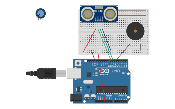 Circuit design Ultrasonic Distance Sensor with Piezo Buzzer - Tinkercad