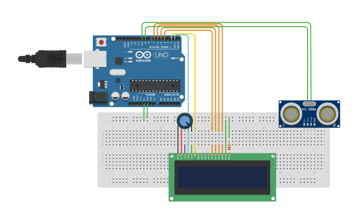 Circuit design Ultrasonic sensor + LCD - Tinkercad