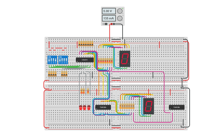 Circuit design II Display de 7 segmentos y decodificador CD4511 con lógica +/- - Tinkercad
