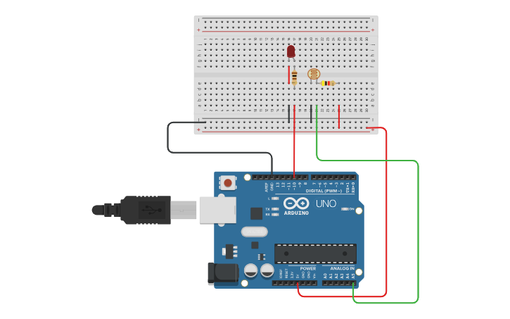 Circuit design 作业三、光敏电阻控制灯渐亮 - Tinkercad