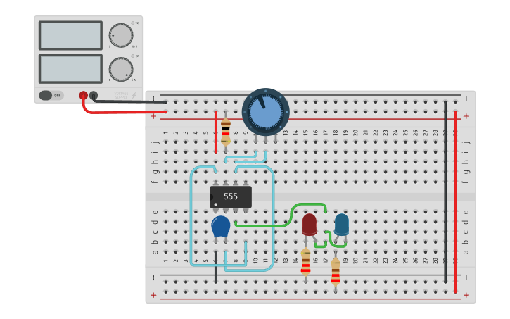 Circuit design Adjustable Blinking LED Circuit using 555 Timer IC - Tinkercad
