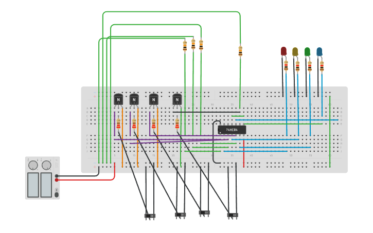 Circuit design Water level indicator using NOT gate - Tinkercad