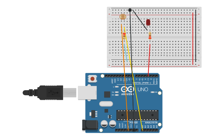 Circuit design Practica 6 Sensor LDR+Led - Tinkercad