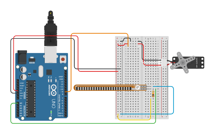 Circuit design Flex Sensor and Servo using Arduino - Tinkercad