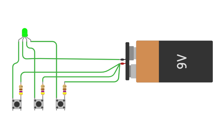 Circuit design Push Button with led and 9v battery - Tinkercad