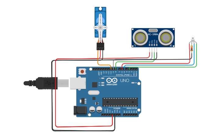 Circuit design Copy of Exercício 08 Sensor HC-SR04, Servo e LED RGB - Tinkercad