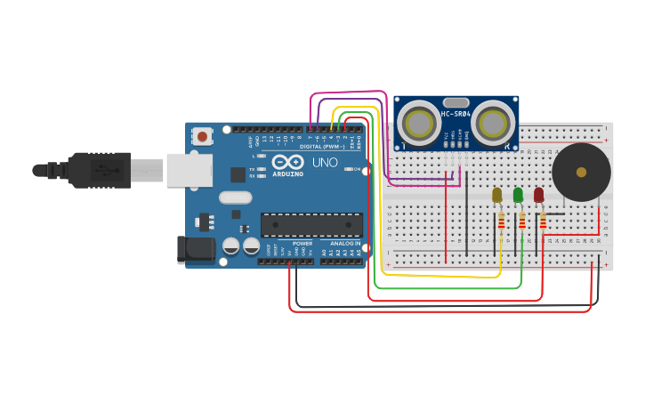Circuit design Ultrasonic distance sensor with three LED and alert ...